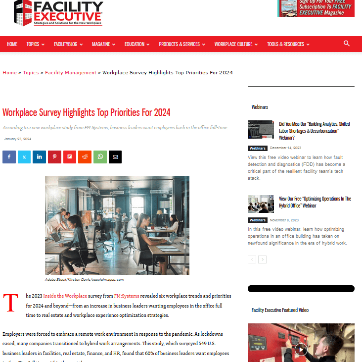 Facilities Executive: Workplace Survey Highlights Top Priorities For 2024
